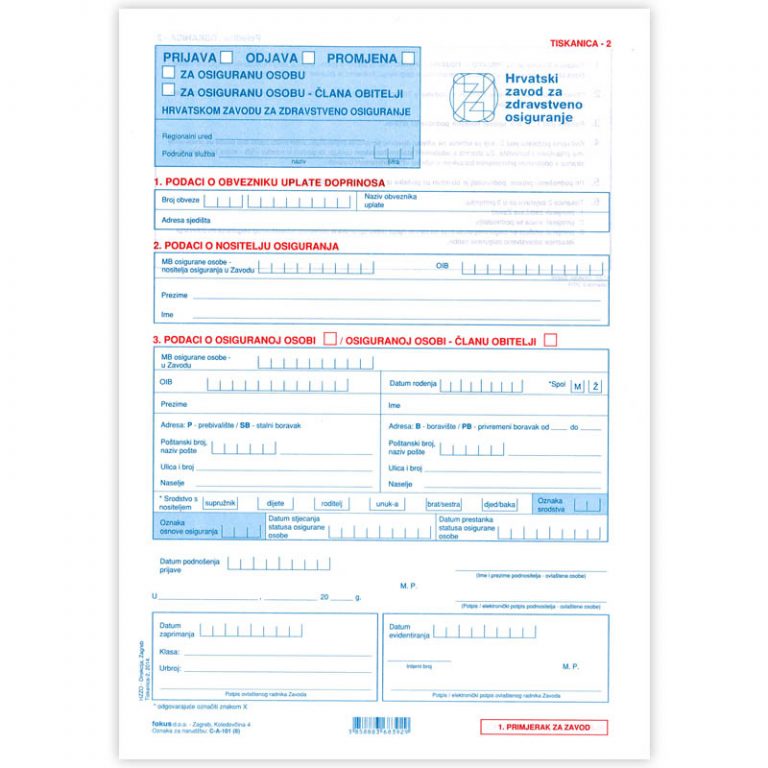 Tiskanica 2 (Prijava-odjava-promjena), obrazac C-A-101 Fokus - Dantkom