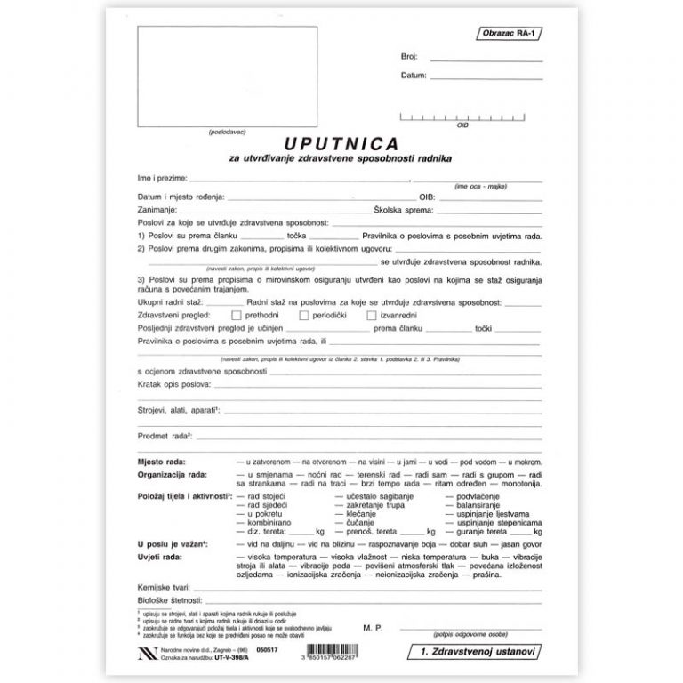Uputnica za utvrđivanje zdrav. sposobnosti radnika, obrazac RA-1, V-398 ...