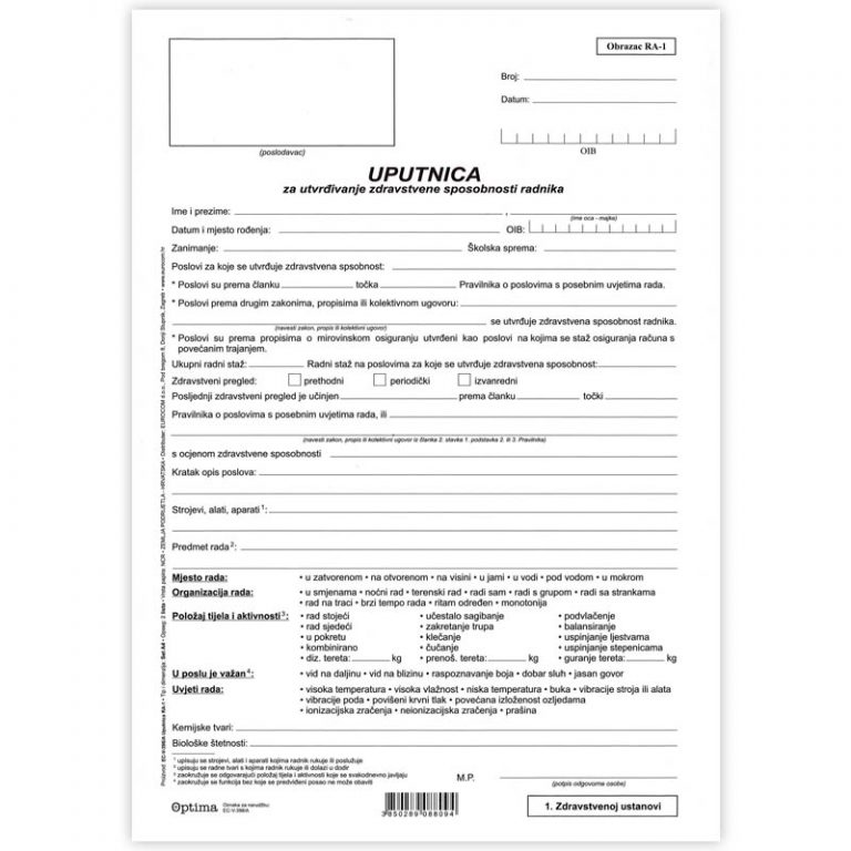 Uputnica za utvrđivanje zdrav. sposobnosti radnika, obrazac RA-1, EC-V ...