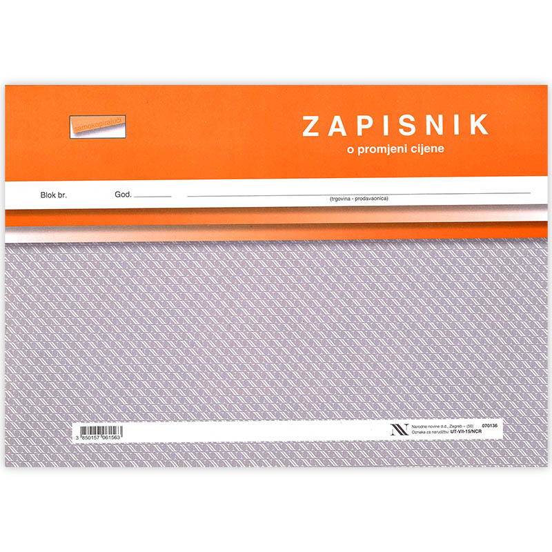Zapisnik o promjeni cijene, obrazac VII-15/NCR NN - Dantkom
